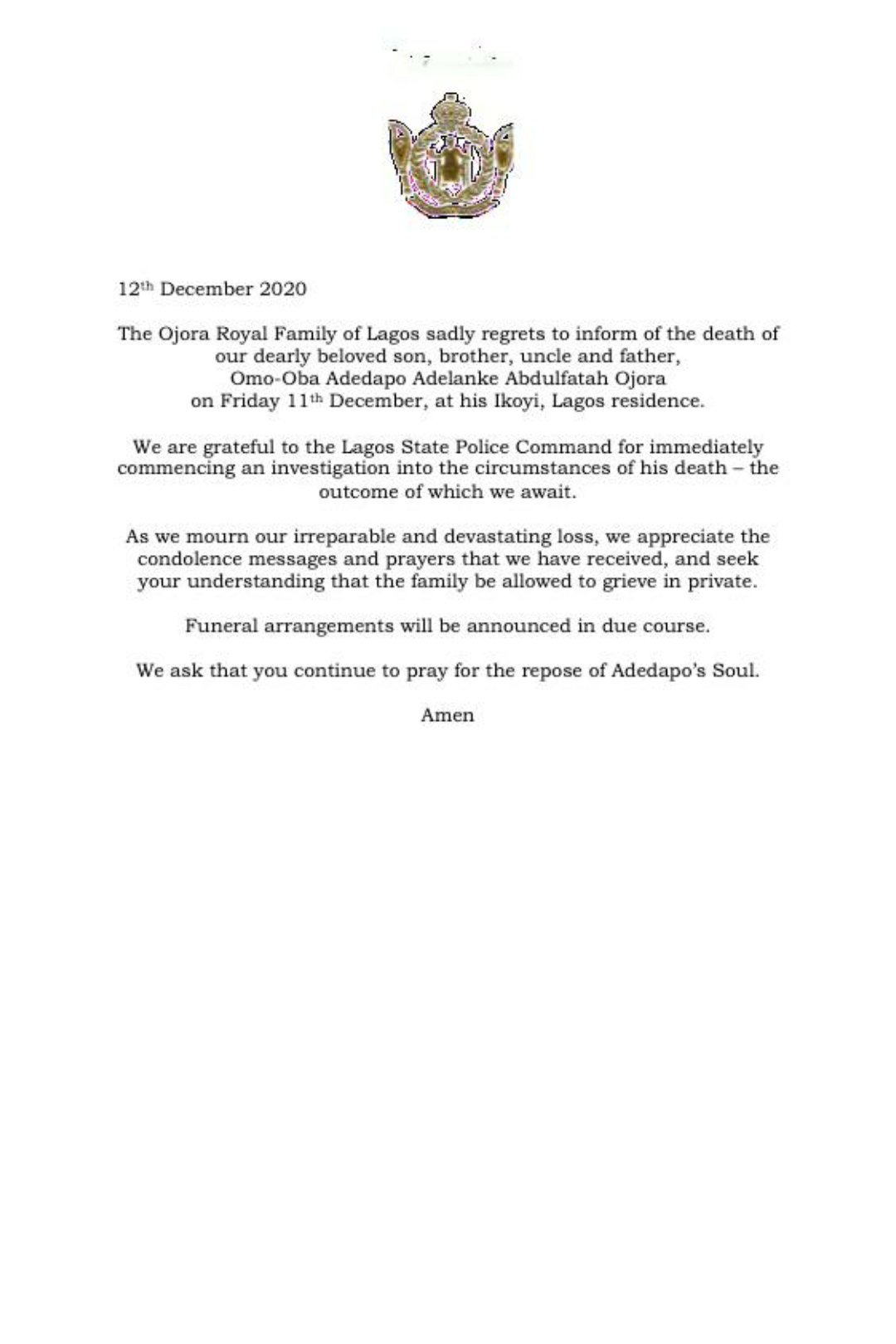 The Ojora Family of Lagos informs of the passing of Omo-Oba Adedapo ...